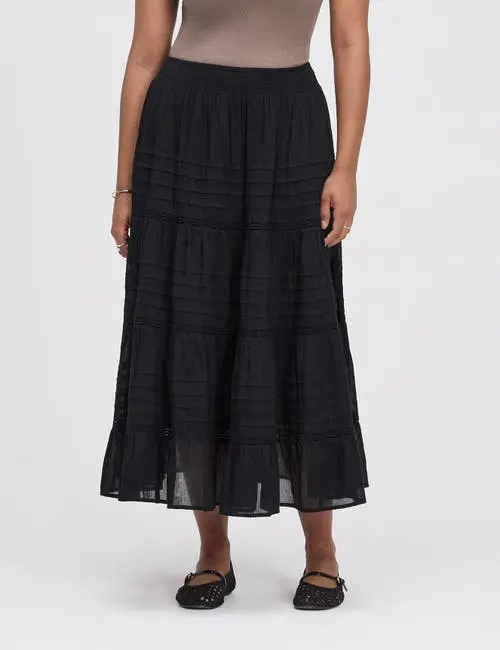 FINERY LONDON Cotton Tiered Midi Skirt - Black