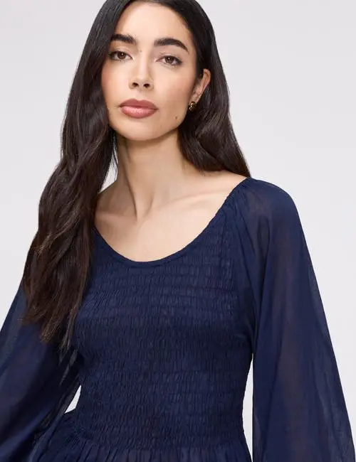 FINERY LONDON Jennie Shirred Long Sleeve Cotton Top - Navy