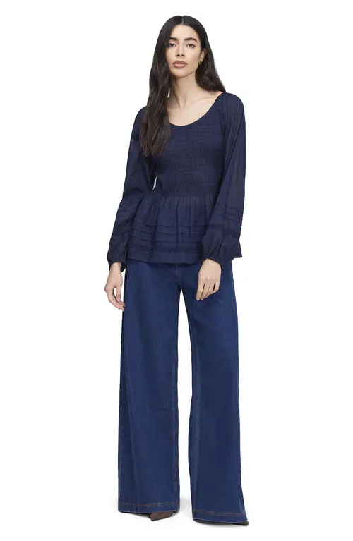 FINERY LONDON Jennie Shirred Long Sleeve Cotton Top - Navy