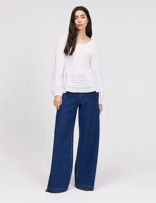 FINERY LONDON Jennie Shirred Long Sleeve Cotton Top - White
