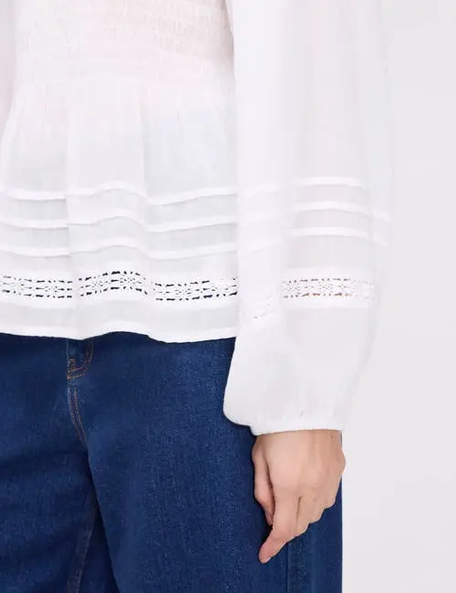 FINERY LONDON Jennie Shirred Long Sleeve Cotton Top - White