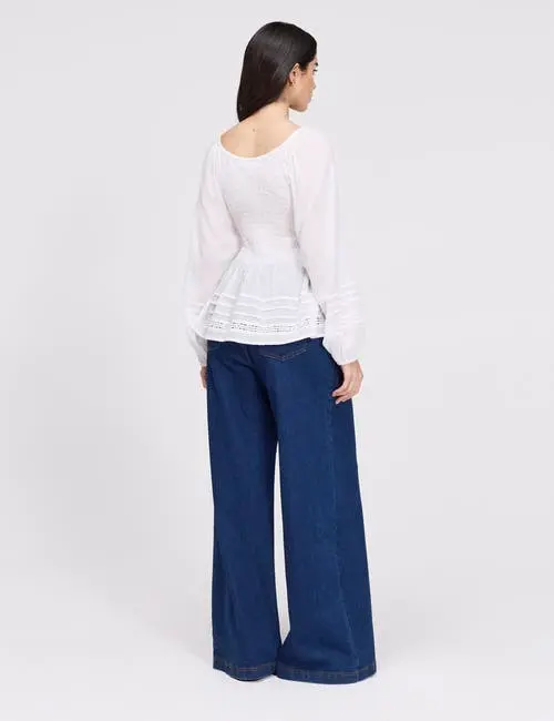 FINERY LONDON Jennie Shirred Long Sleeve Cotton Top - White