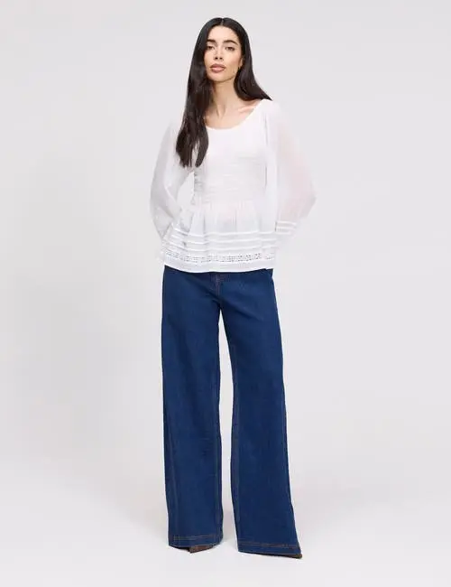 FINERY LONDON Jennie Shirred Long Sleeve Cotton Top - White