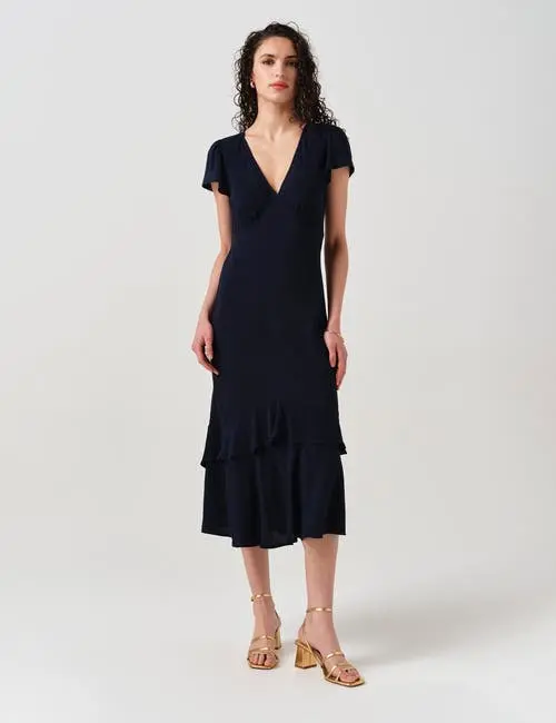 GHOST LONDON Corinne Frill Crepe Midi Dress - Navy