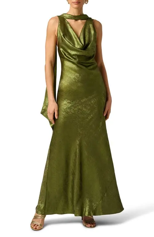 Adrianna Papell Sleeveless Gown With Cowl Neck And Draped Back - Dark Olive
