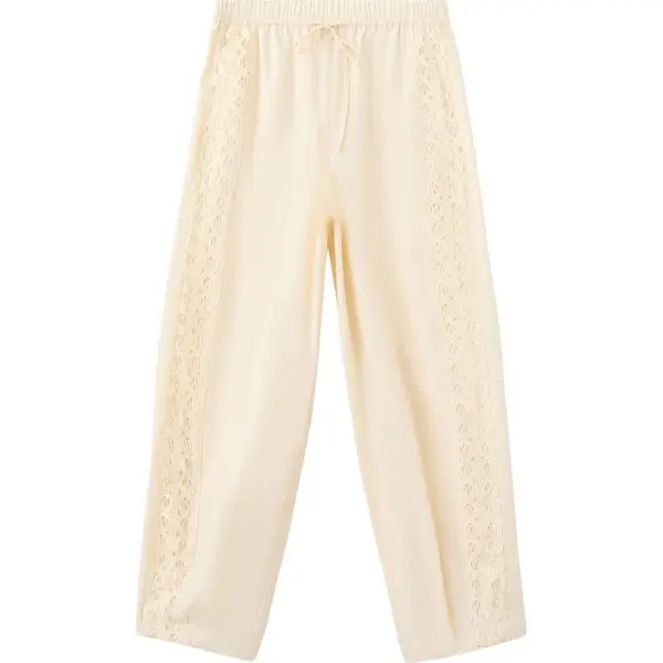 Mango Embroidered Cotton Drawstring Pants - Ecru