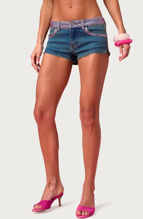 EDIKTED X Barbie™ Low Rise Denim Mini Shorts