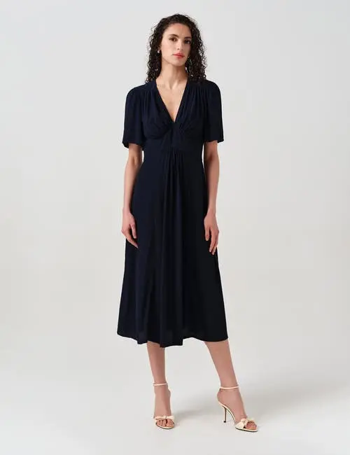 GHOST LONDON Rosalie Angel Sleeve Crepe Midi Dress - Navy