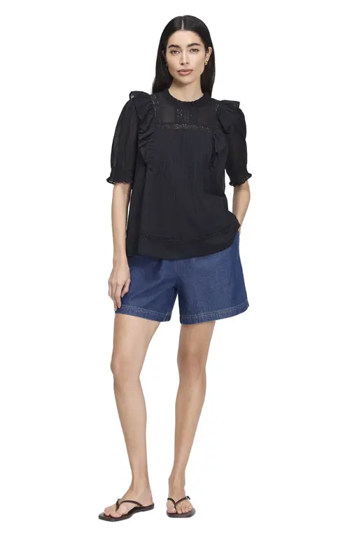FINERY LONDON Jolin Puff Sleeve Cotton Top With Lace And Frill Neck - Black