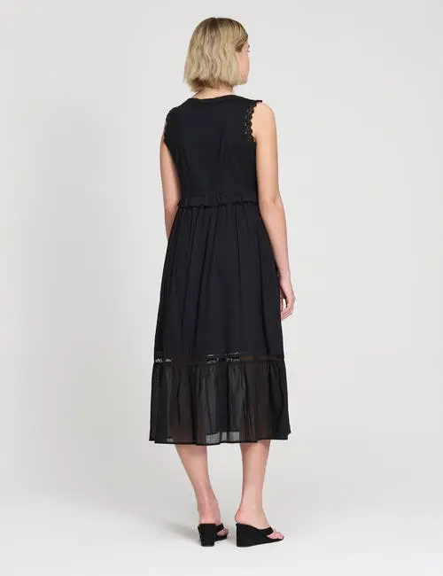 FINERY LONDON Myriam Sleeveless Cotton Midi Dress With Lace Trim - Black