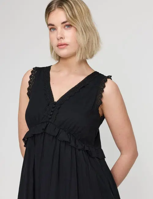 FINERY LONDON Myriam Sleeveless Cotton Midi Dress With Lace Trim - Black
