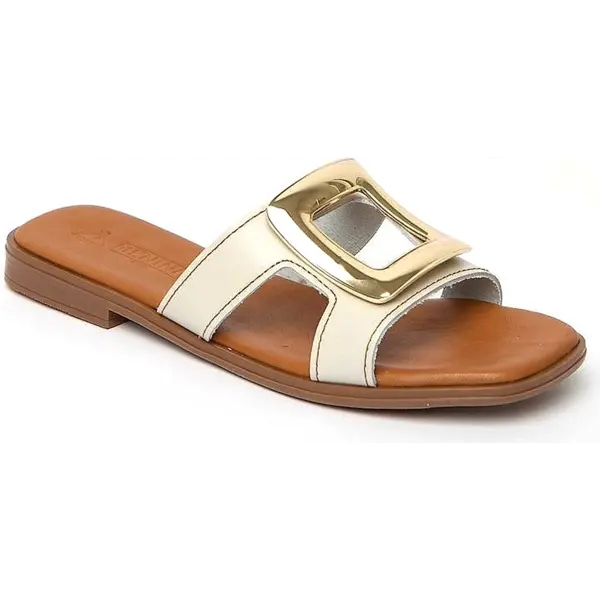 MENINA STEP Brisa Flat Sandal With Gold Tone Buckle Detail - Ivory