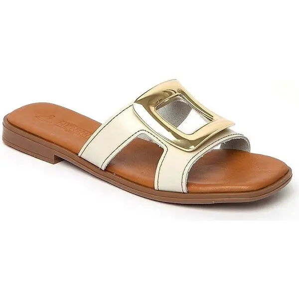 MENINA STEP Brisa Flat Sandal With Gold Tone Buckle Detail - Ivory