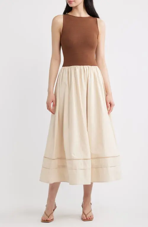 BLU PEPPER Mixed Media Lace Inset Midi Dress - Brown