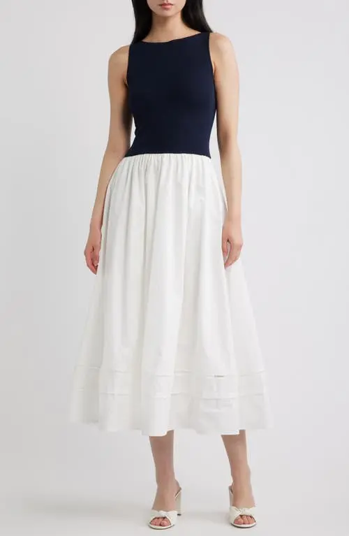 BLU PEPPER Mixed Media Lace Inset Midi Dress - Navy