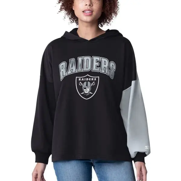 STARTER Las Vegas Raiders Power Move Long Sleeve Pullover Hoodie - Black
