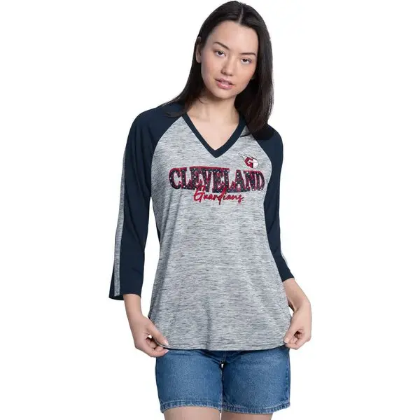 G-III 4HER BY CARL BANKS Heather Cleveland Guardians Speed Training 3/4-sleeve Rhinestone V-neck T-shirt - Navy