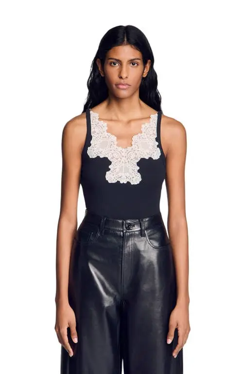 Sandro Ribbed Vest Top With Lace