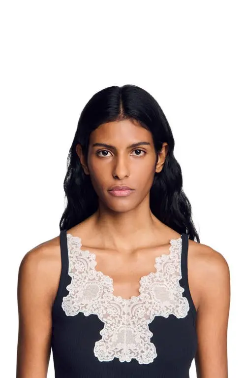 Sandro Ribbed Vest Top With Lace