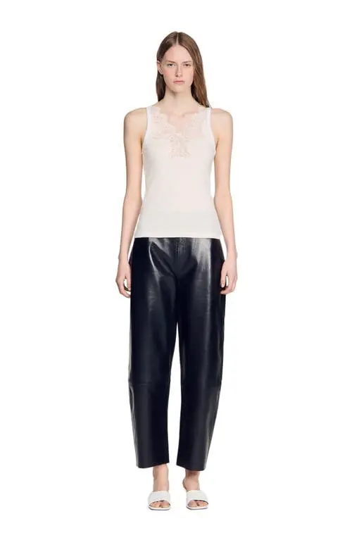 Sandro Ribbed Knit Tank Top With Lace Trim - Ecru