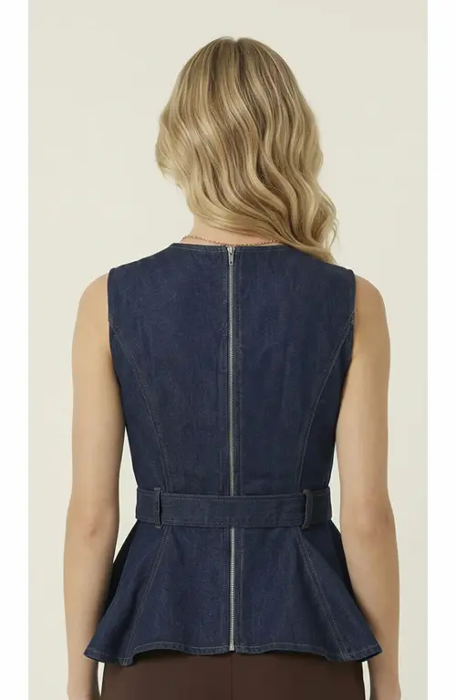 MODENAIRE Belted Denim Peplum Top - Navy