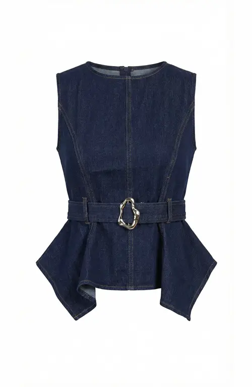 MODENAIRE Belted Denim Peplum Top - Navy