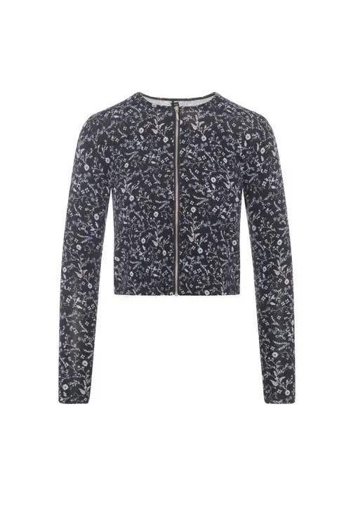 RIFF Floral Print Zip-up Long Sleeve Top - Black