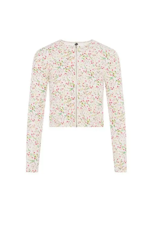 RIFF Floral Print Zip-up Long Sleeve Top - White