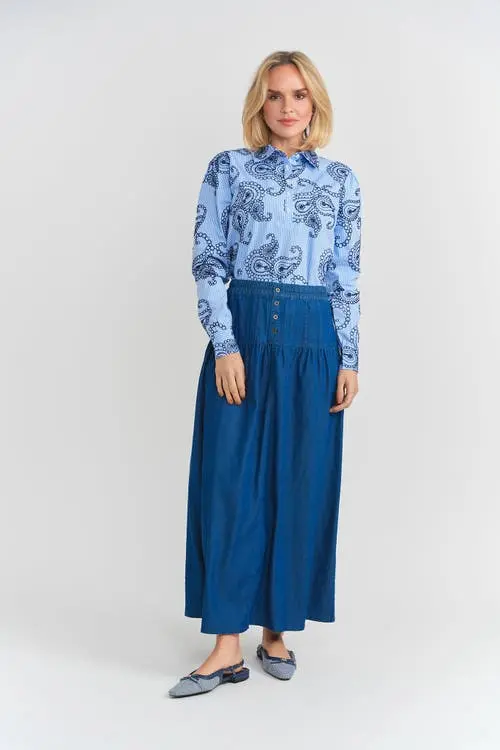 NONI DAILY Button-front Tiered A-line Maxi Skirt - Dark Denim