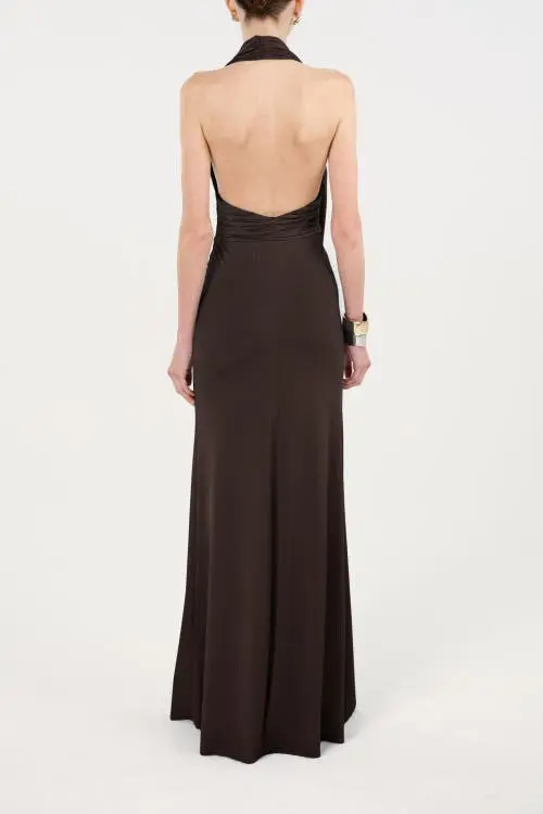 NOCTURNE Draped Halter Neck Maxi Dress - Brown