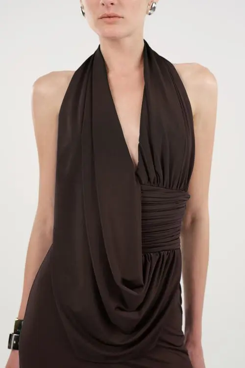 NOCTURNE Draped Halter Neck Maxi Dress - Brown