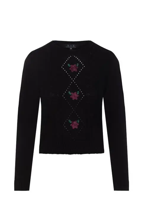 DICIANNOVE Embroidered Cable Knit Sweater - Black