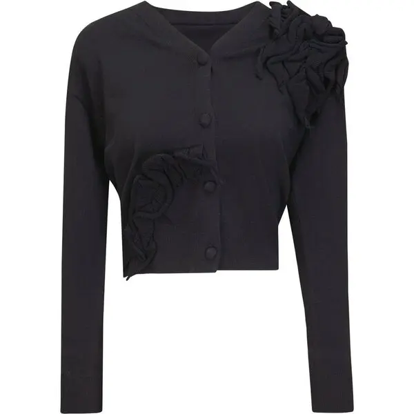 MILAN ITALY Cropped Floral Applique Button Front Knit Cardigan - Black
