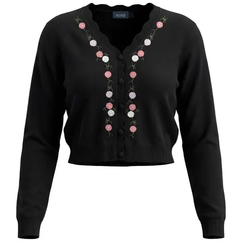 NONI Floral Embroidered Scalloped V-neck Knit Cardigan - Black