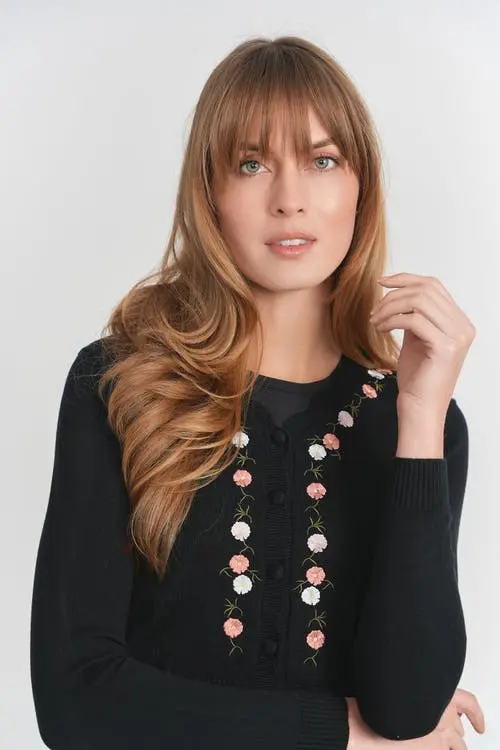 NONI Floral Embroidered Scalloped V-neck Knit Cardigan - Black
