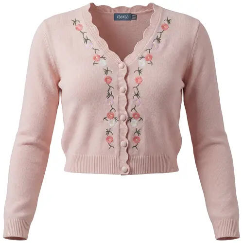 NONI Floral Embroidered Scalloped V-neck Knit Cardigan - Pale Pink