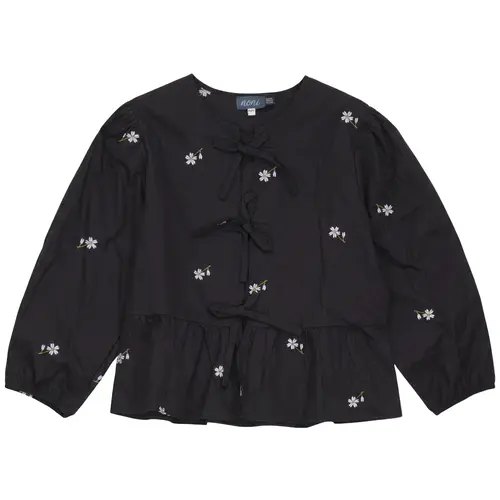 NONI Embroidered Bow Puff Sleeve Blouse - Black