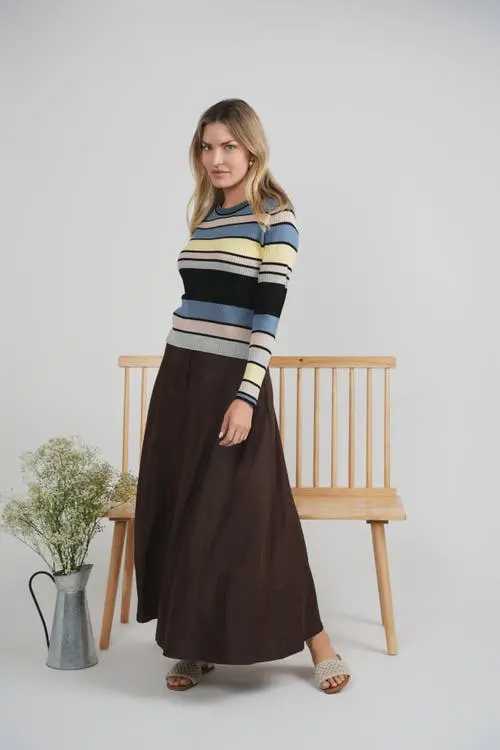 HASHTAG Multi Stripe Embroidered Sleeve Lightweight Knit Sweater - Black Multi