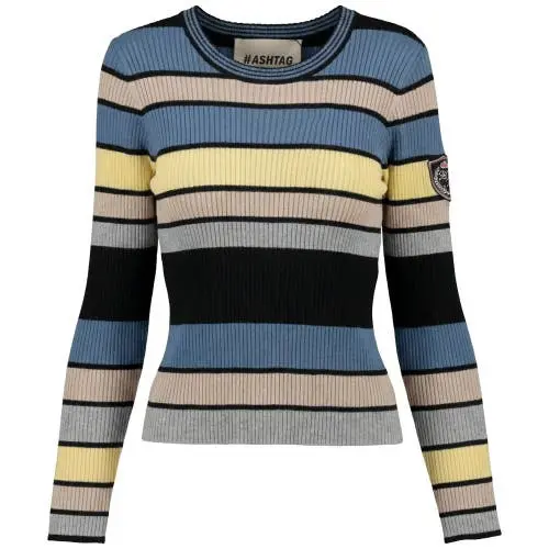 HASHTAG Multi Stripe Embroidered Sleeve Lightweight Knit Sweater - Black Multi
