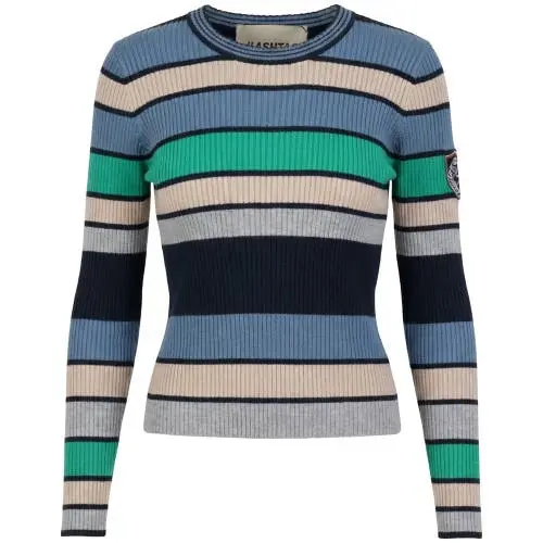 HASHTAG Multi Stripe Embroidered Sleeve Lightweight Knit Sweater - Navy/multi