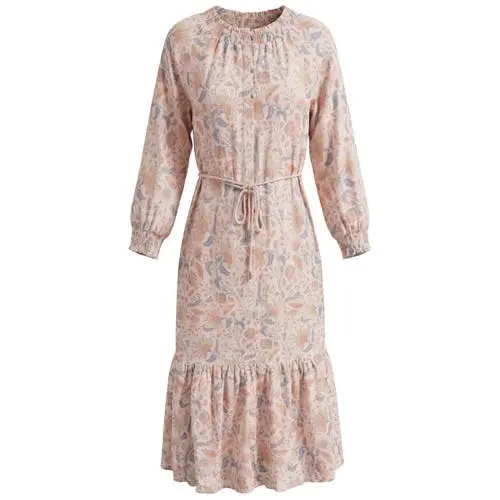 NONI Floral Smocked Mock Neck Belted Tiered Dress