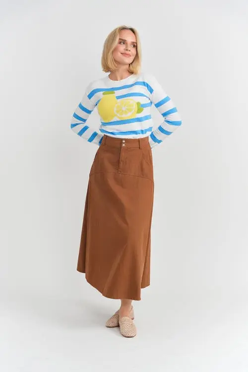 NONI DAILY Lemon Artwork Striped Cotton Knit Sweater