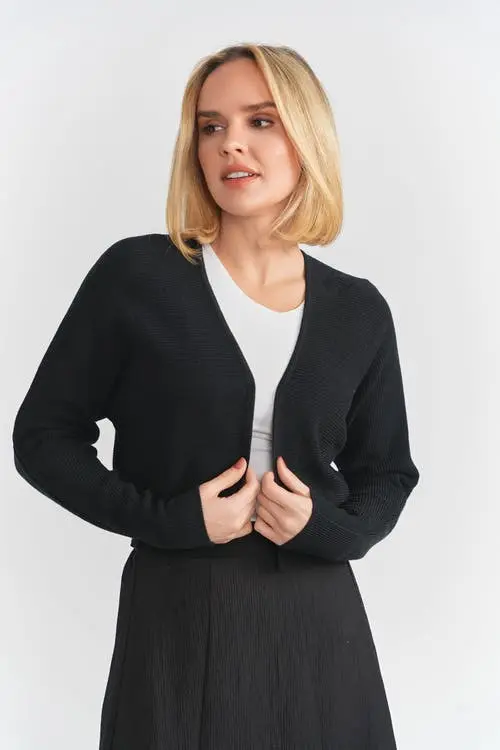 NONI Textured Stripe Cropped Knit Cardigan - Black