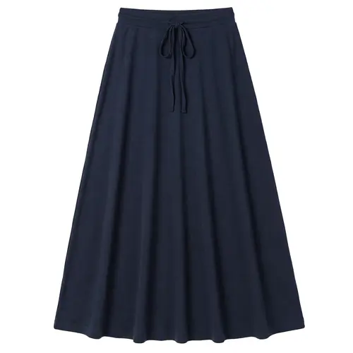 POSITIVE Ribbed Drawstring Elastic Waist Maxi A-line Skirt - Dark Navy