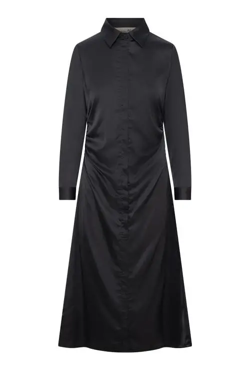 COCO DE LA MOUR Satin Gathered Shirt Dress - Black