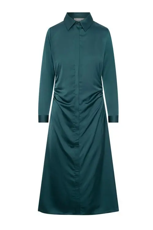 COCO DE LA MOUR Satin Gathered Shirt Dress - Deep Teal