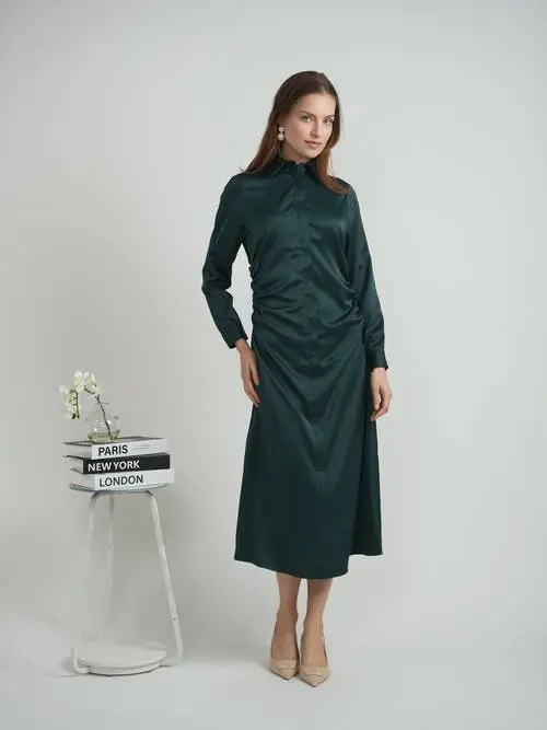 COCO DE LA MOUR Satin Gathered Shirt Dress - Deep Teal
