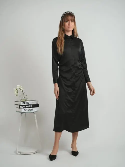 COCO DE LA MOUR Satin Gathered Shirt Dress - Deep Teal