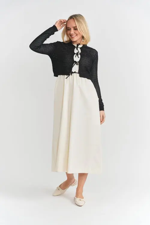 NONI Eyelet Knit Lace-up V-neck Sweater - Blue