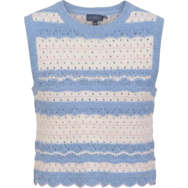NONI Pointelle Striped Cotton Scalloped Hem Vest - White/blue